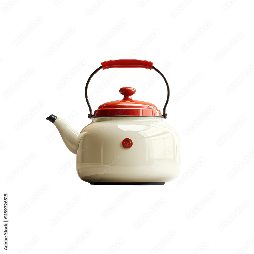 Boiling water with a classic white and red kettle in a cozy kitchen ...