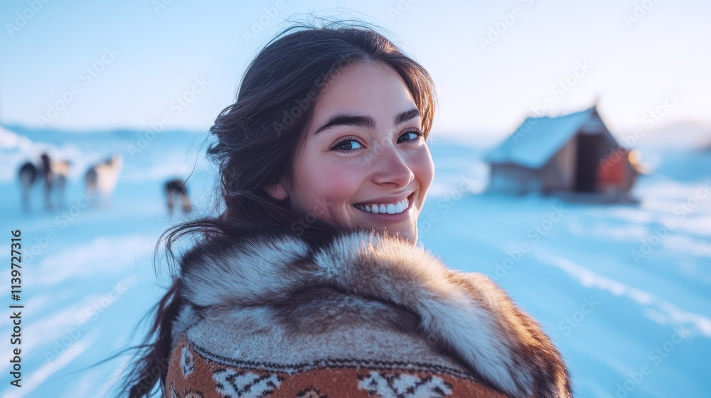 Canadian tourist woman in inuit traditional clothing with dog sled ...