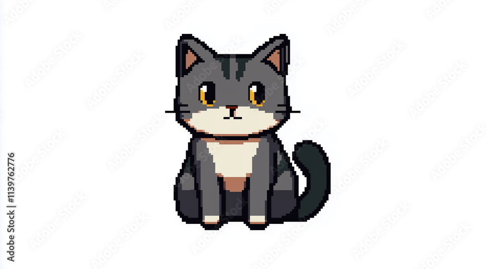 8-bit pixel art of a cute gray cat character, simple design, white ...