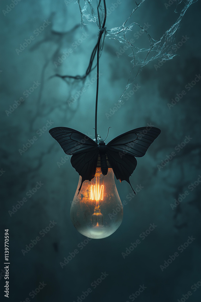 black moth perched on a cracked, flickering light bulb hanging from a ...