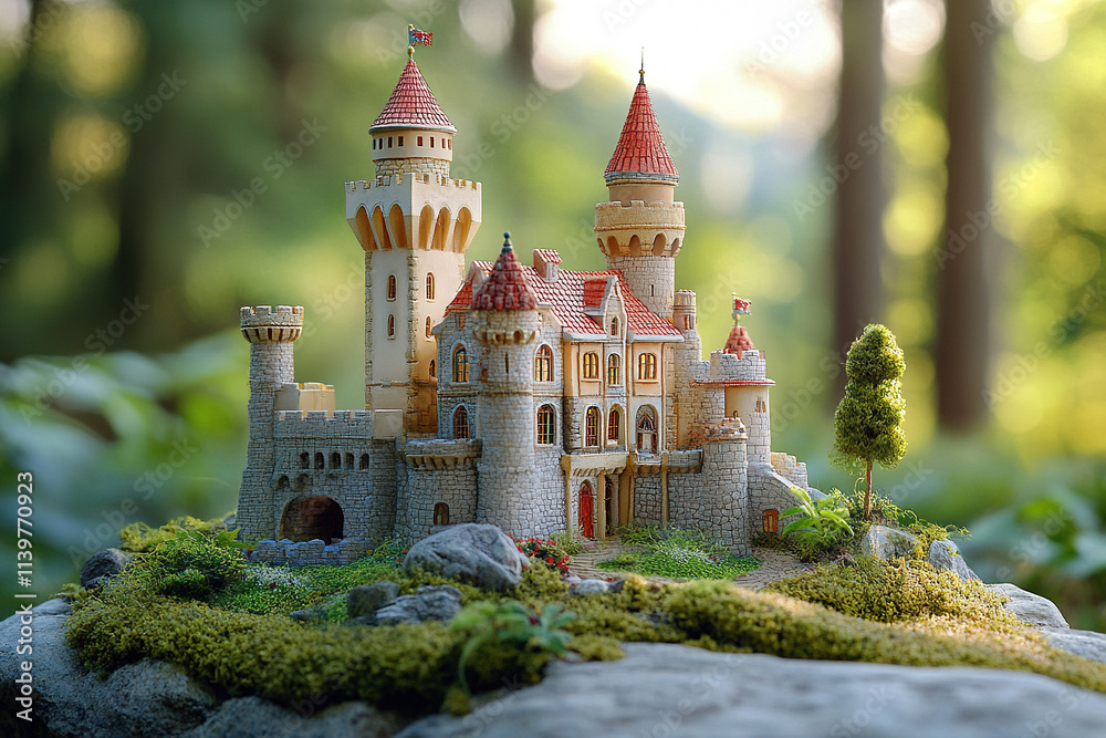 Model of a medieval stone castle with towers on a stone with moss ...