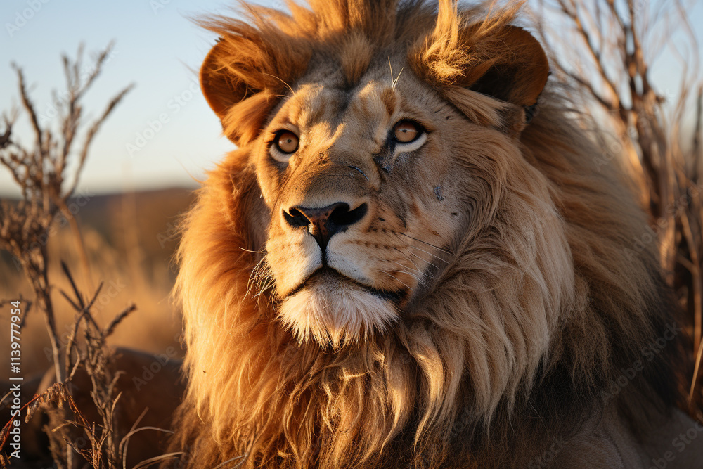 lion represents untamed beauty of African savanna, its radiant mane ...
