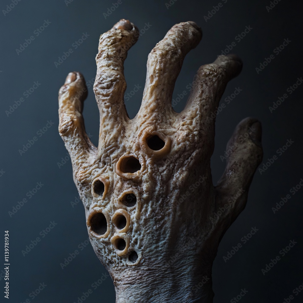 A grotesque zombie left hand, riddled with eerie holes resembling a ...