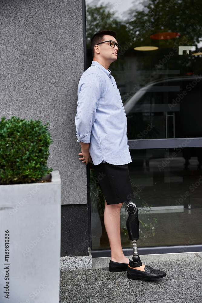 Man with a prosthetic leg leans against a building, showcasing his ...