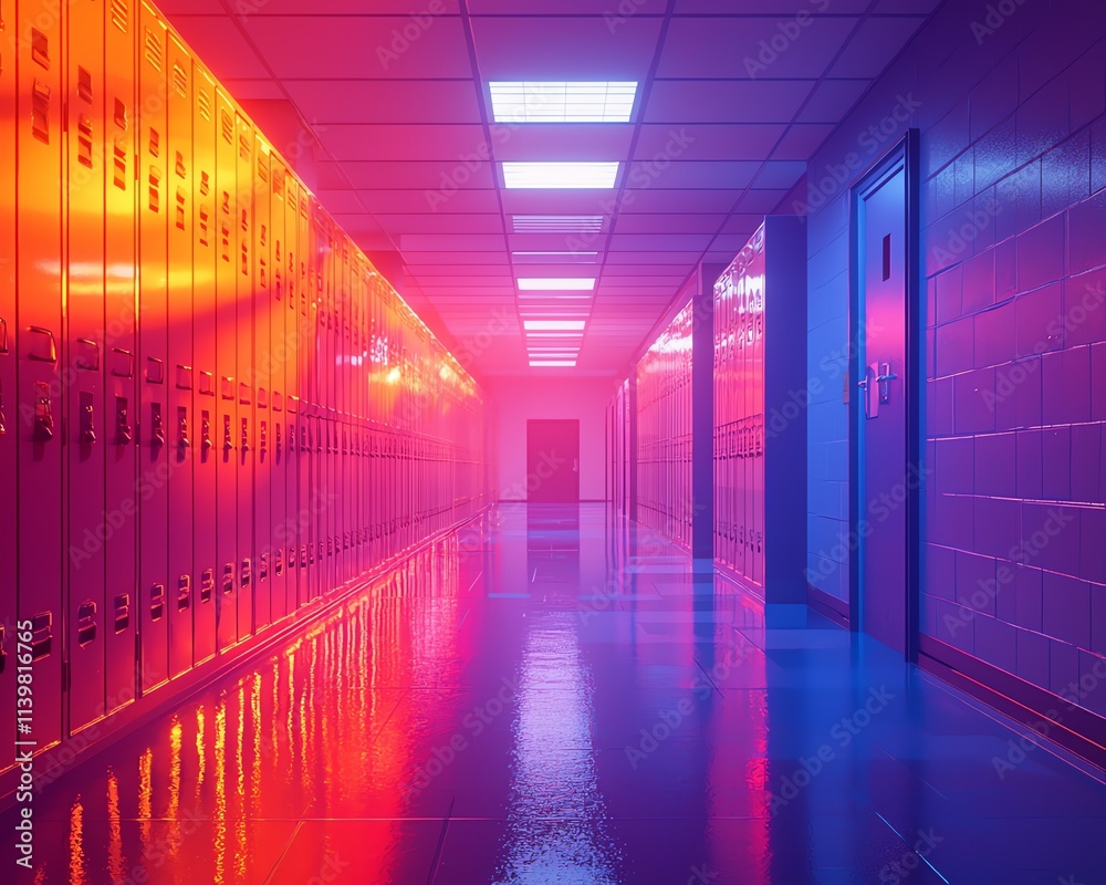 Empty school hallway where perspective shifts, lockers becoming portals ...