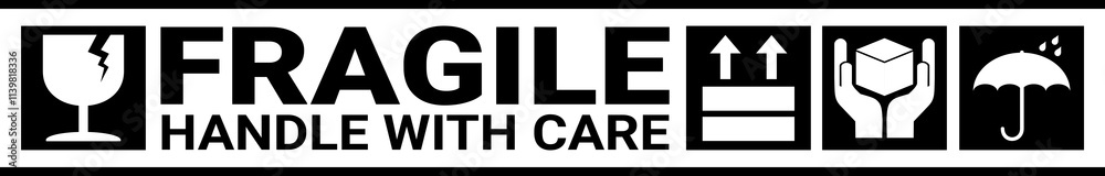 sticker tape fragile handle with care, black and white warning label ...