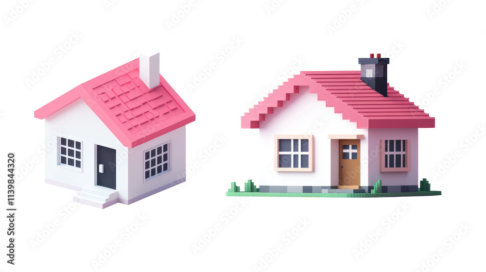 Cute pixelated Houses 3d with pink roofs on a transparent png ...