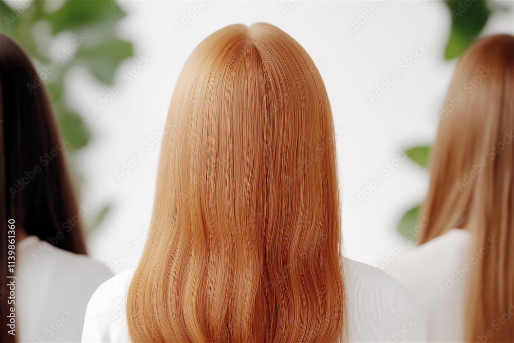 Back view of three women with long straight hair sitting together ...