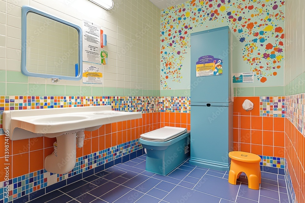Child-friendly family restroom features in a colorful setting bright ...