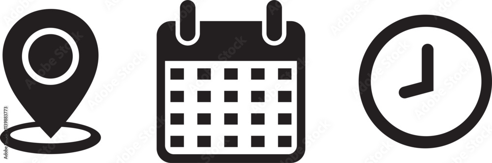 Date, Time, Address icon set. Event icons vector. Location, Calendar & clock icon transparent ...