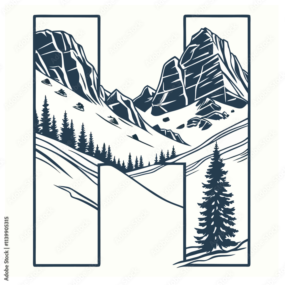 Design the letter 'H' as a sharp mountain peak with snowy textures ...