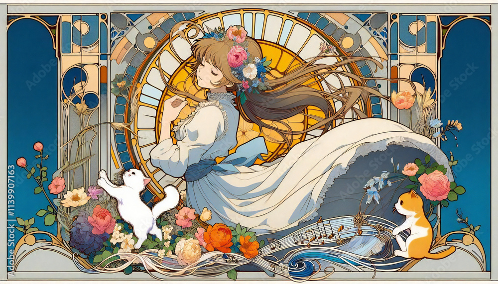 A cel-style illustration of a cat and a girl.generated by AI Stock ...