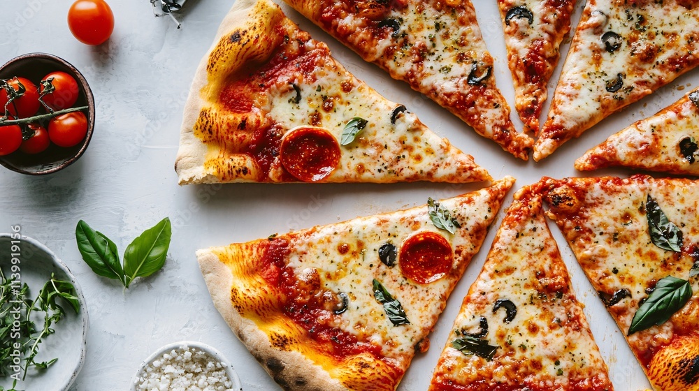 New York-style pepperoni pizza slices with melted cheese, sprinkled ...