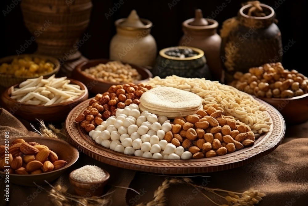Variety of indian snacks arranged on a wooden plate, offering a mix of ...