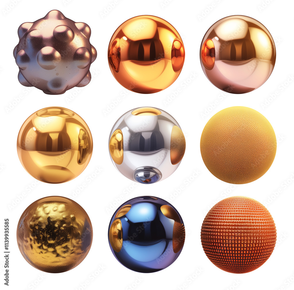 collection of nine metallic spheres with unique textures and reflective ...