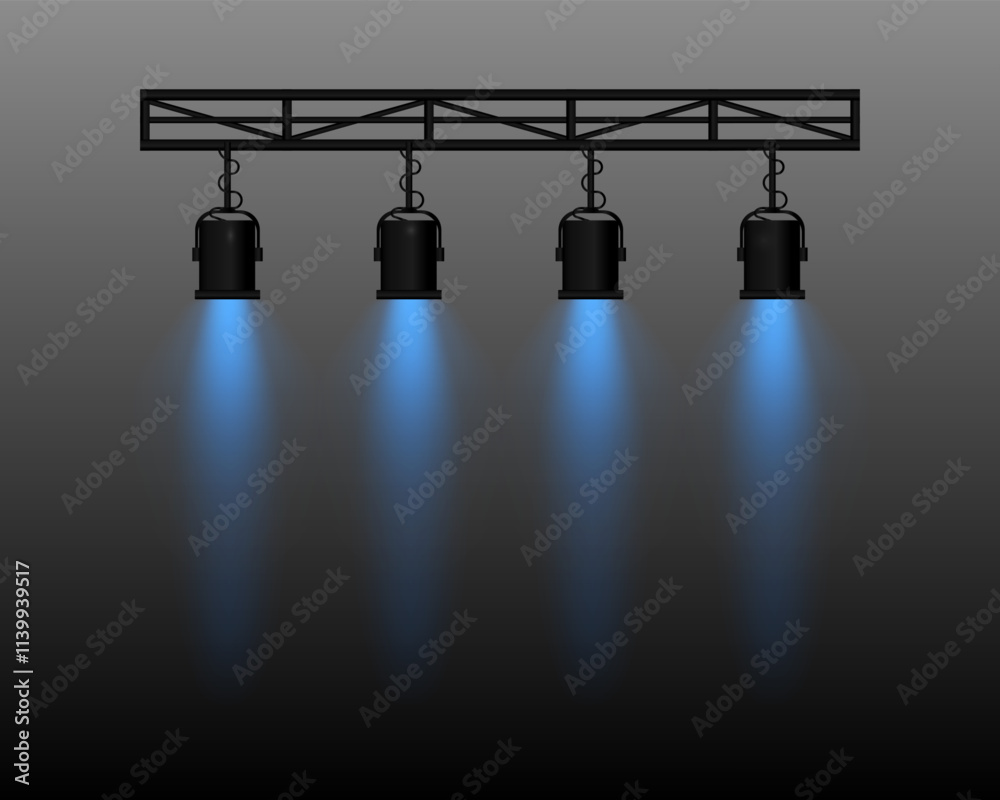 Spotlight set. Four stage lights blue beams, hanging from a truss ...
