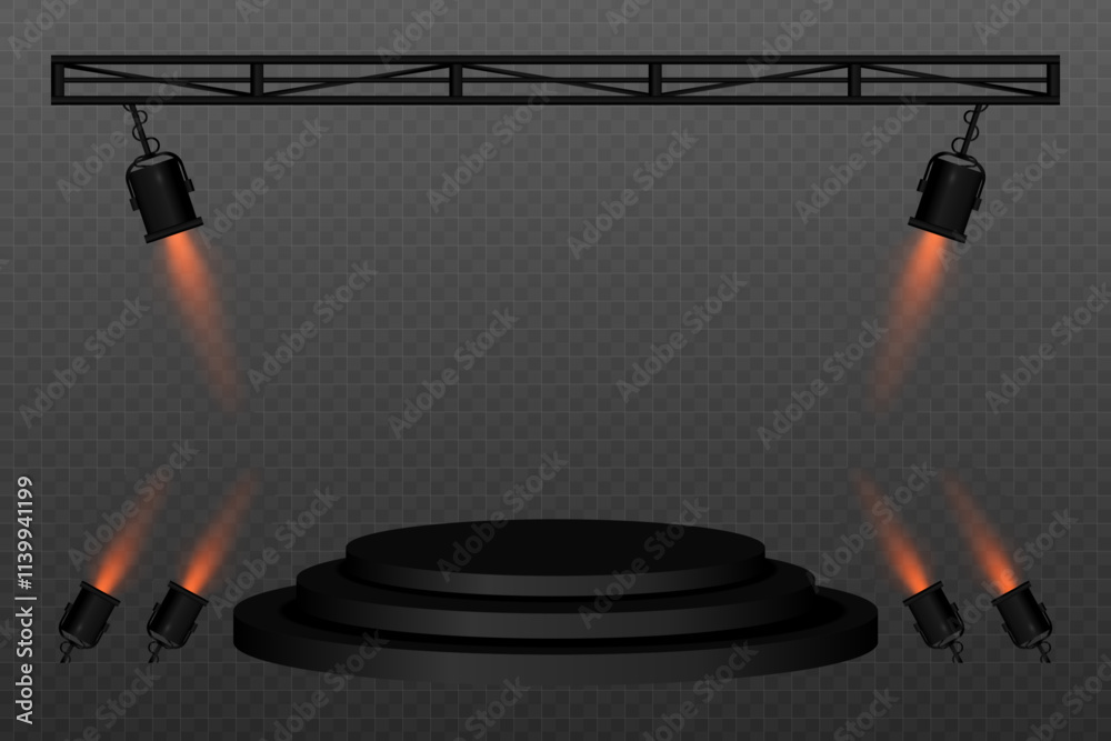 Stage lighting. Black stage platform with spotlights shining from above ...