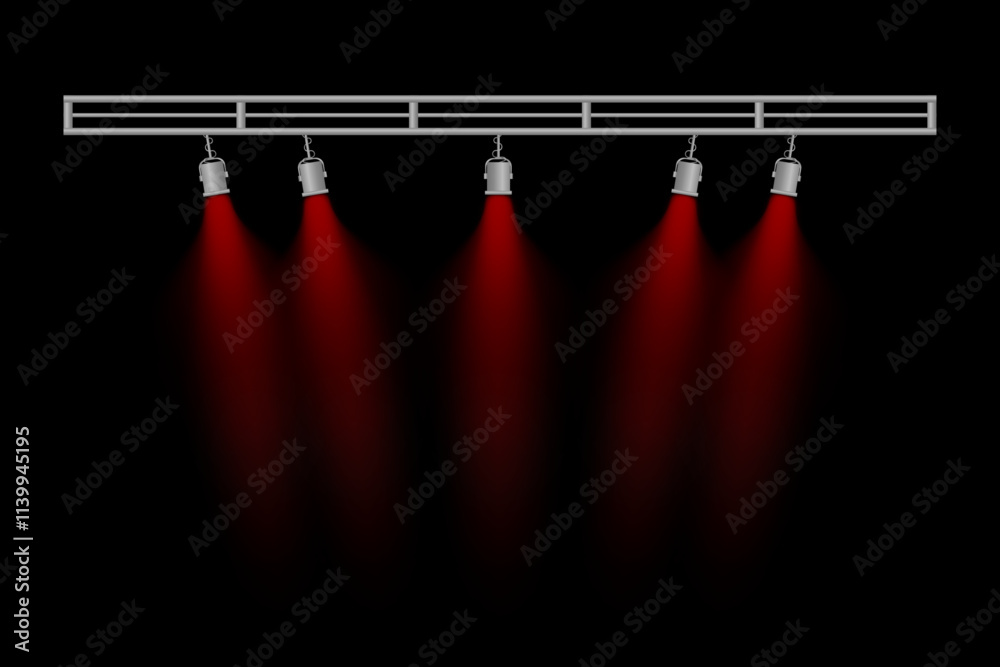 Stage lighting set. Five red spotlights, hanging lamps, metal frame ...