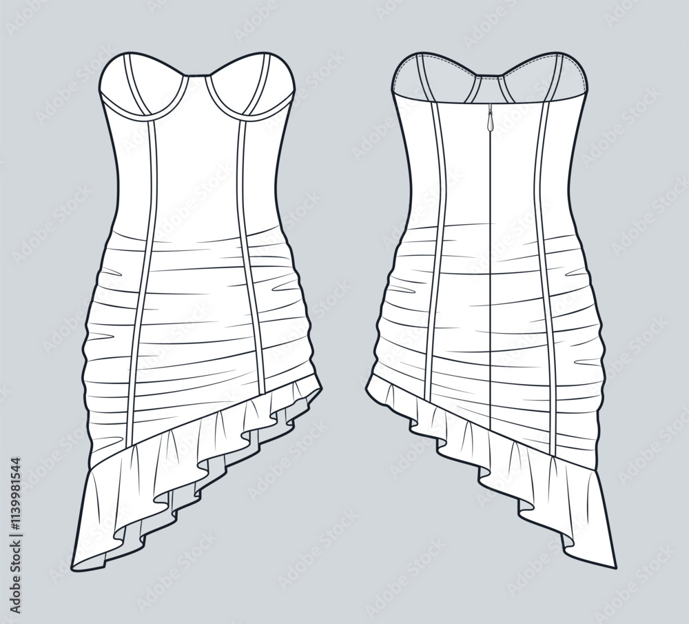 Draped mini Dress technical fashion illustration. Bustier Mini Dress ...
