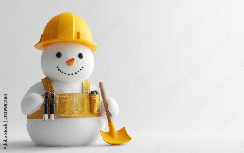 A snowman dressed as a construction worker with a yellow hard hat, a ...