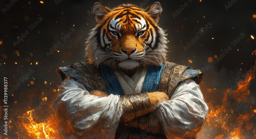 Majestic tiger in ancient warrior attire, arms crossed, amidst fiery ...