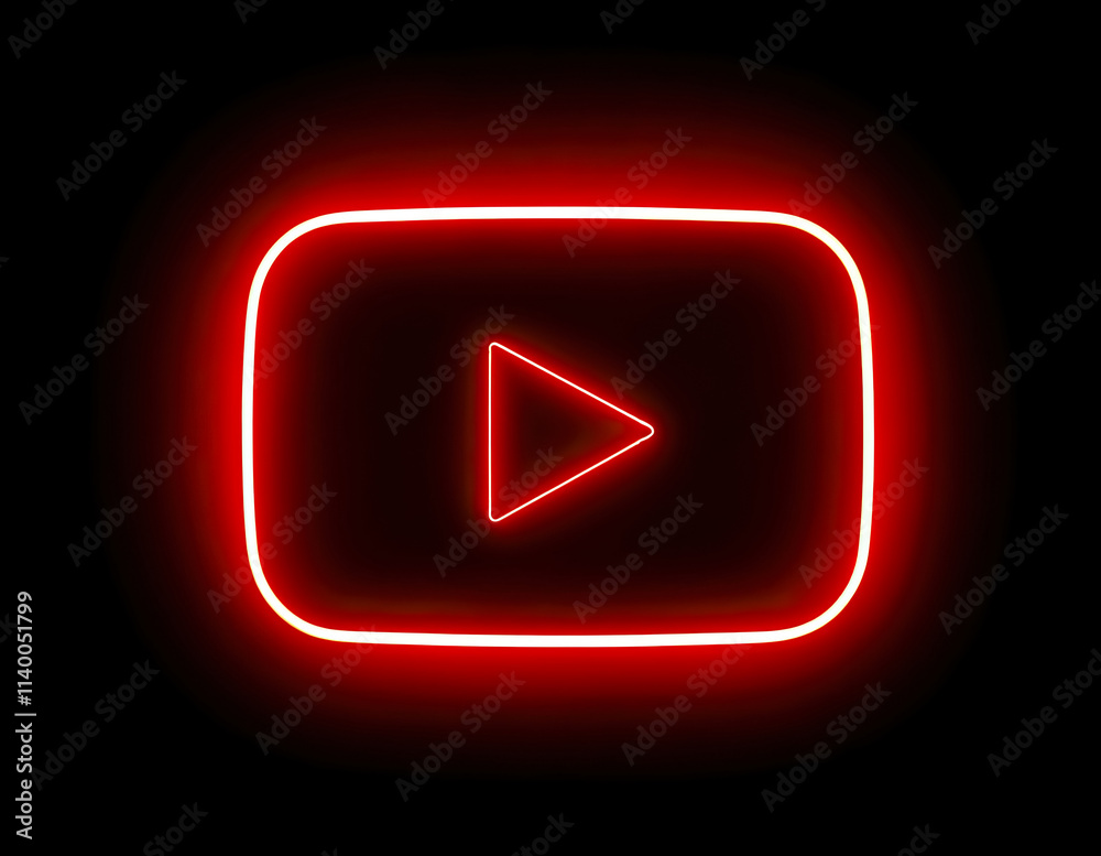 simple neon youtube play button glowing red social media symbol black ...