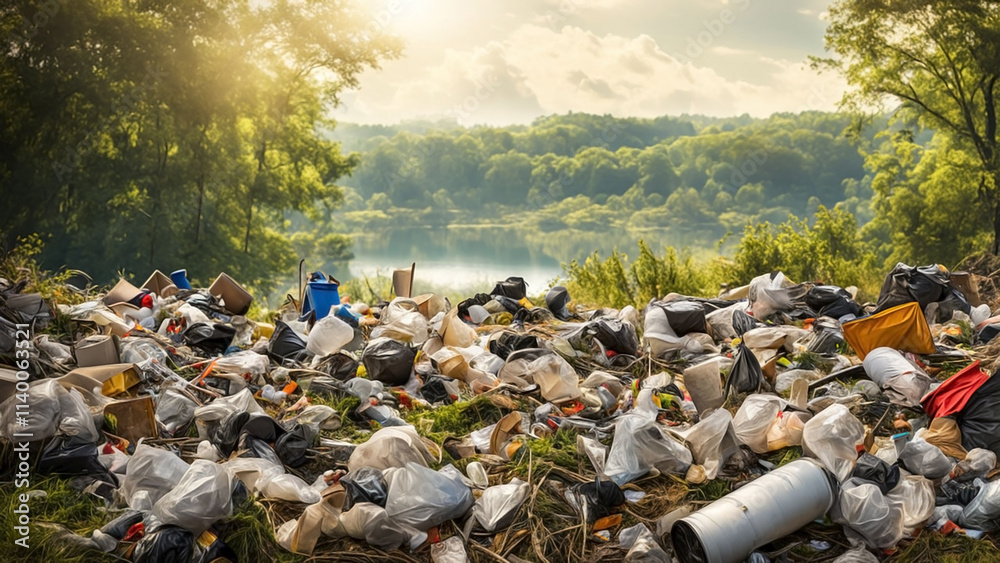 Polluted environment with green forest and lake background generated in ...