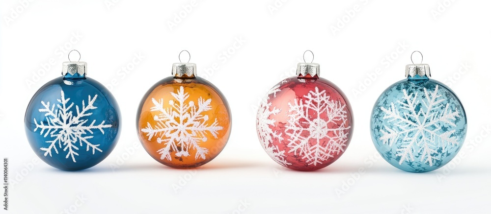 Colorful Christmas baubles with snowflake designs isolated on white ...