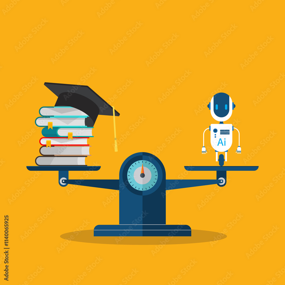 Graduation cap, books and AI robot on a scales, comparing the ...