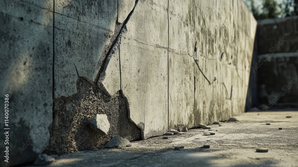 Cracked concrete wall detailing earthquake damage on outdoor cement ...