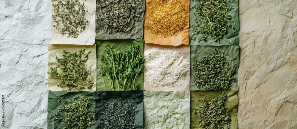 Dried herb bundles of various types displayed on textured handmade ...