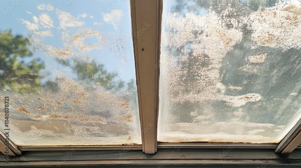 Dirty glass canopy of a frame window showing accumulation of dirt and ...