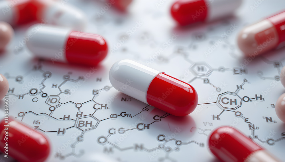 Red and white capsule on chemical formula background, Conceptual design ...