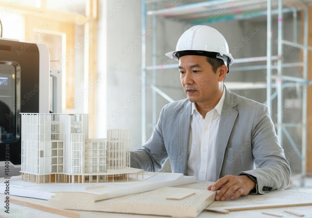 Asian architect wearing hardhat analyzing a 3d printed model of a ...