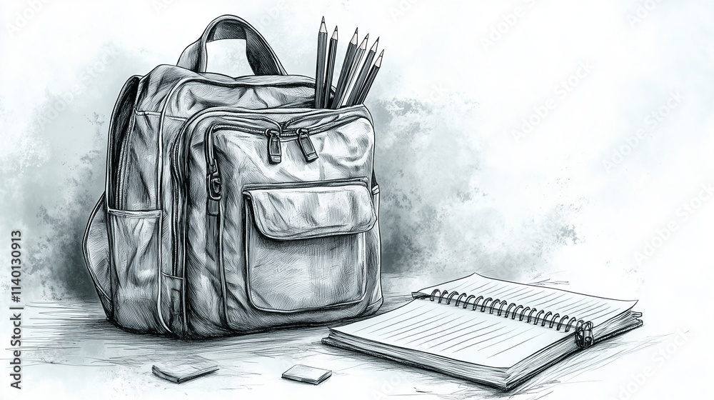 Sketch-style illustration of a backpack filled with pencils, placed ...