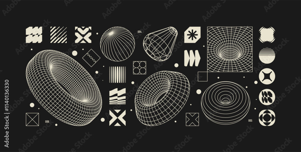 Vector graphic assets set in acid style, retro futuristic background ...