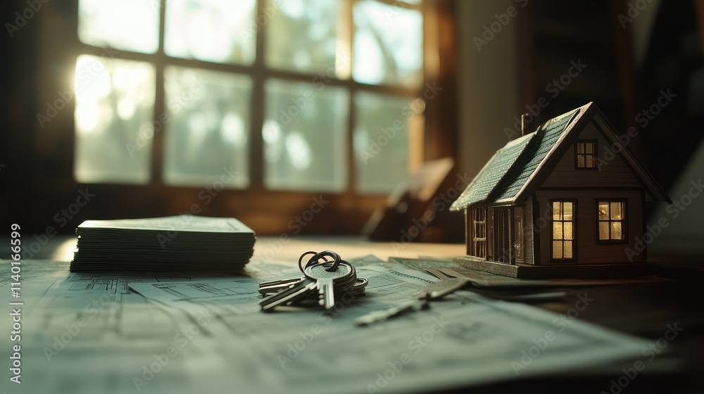 House keys, money, and documents near a miniature house by a window ...