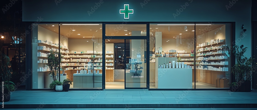 Pharmacy storefront with green cross sign on window, shelves of medical ...