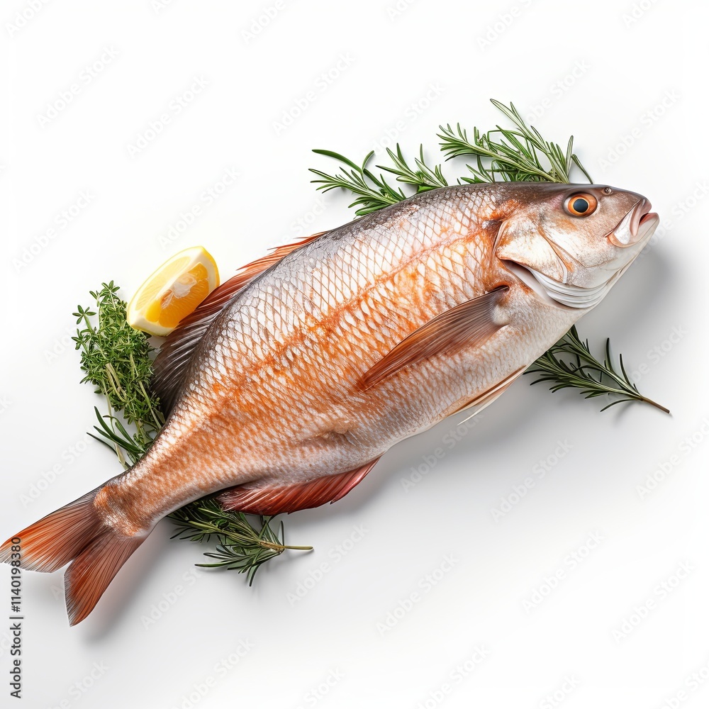 A fresh red snapper fish lies on its side with a vibrant lemon wedge ...