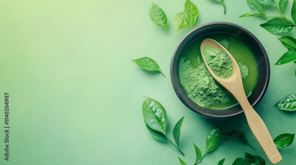 67.Horizontal banner featuring rich green matcha powder in a bowl with ...
