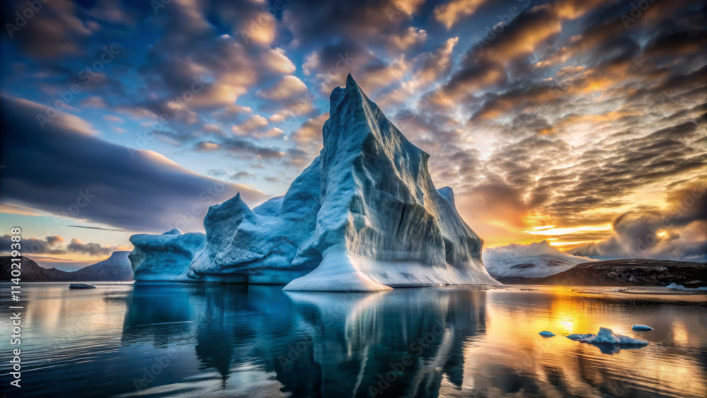 Majestic iceberg reflecting in calm waters under colorful sunset sky ...