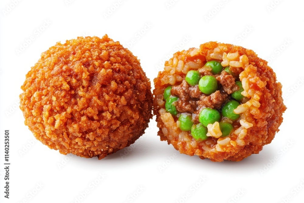 Two Arancini rice balls filled with minced beef tomato sauce and green ...