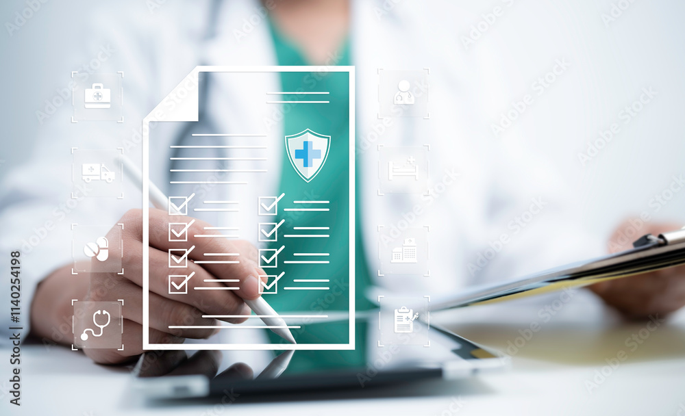 Doctor interacts with a virtual checklist displaying organized ...