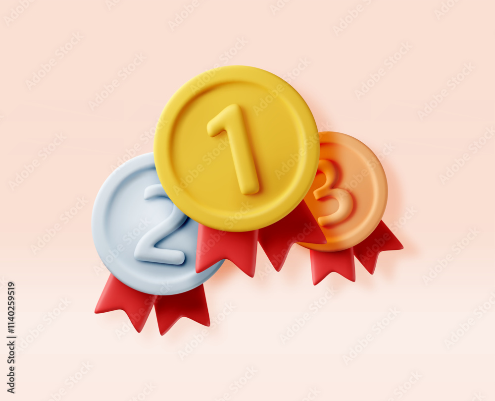 3d set of medals with red ribbons. Render gold, silver, bronze champion ...