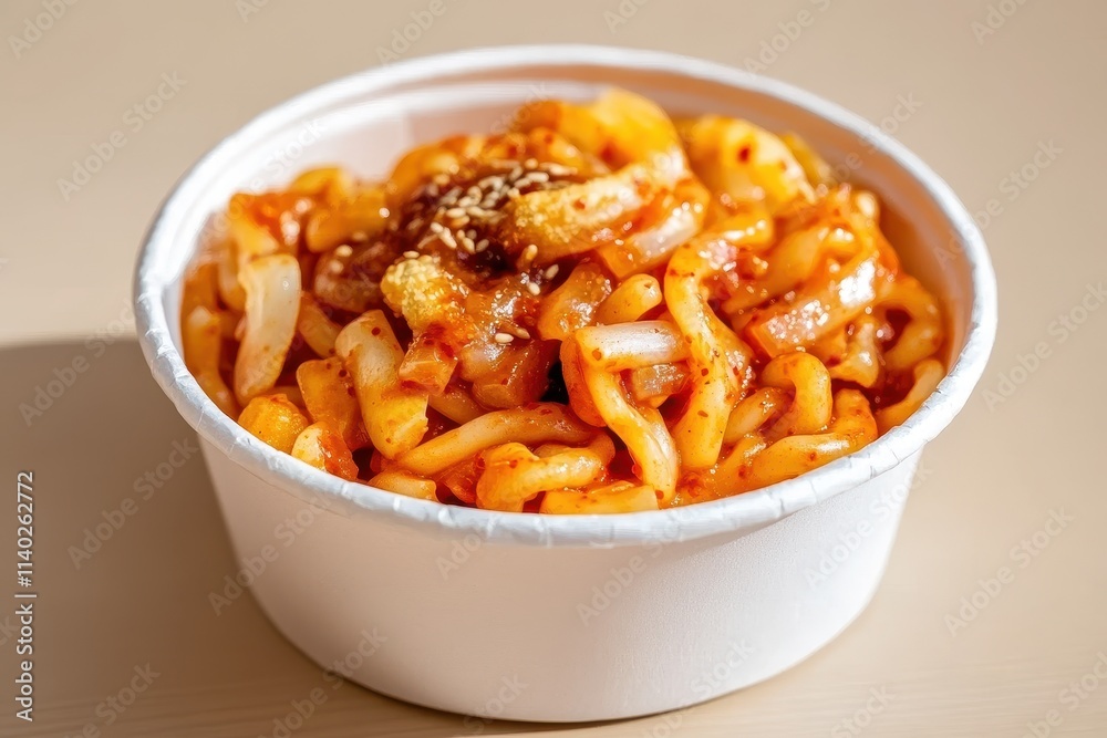 A serving of rabboki a Korean dish of noodles tteokbokki and odeng with ...