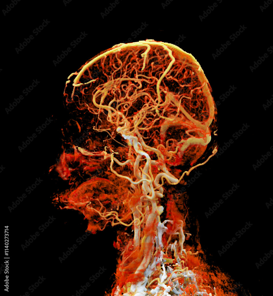 CTA Brain Vascular Imaging:.This image highlights a detailed 3D CTA scan of the brain’s vascular ...