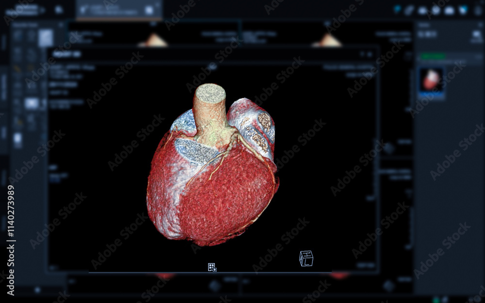 Realistic 3D Heart CTA Scan:.A detailed CTA scan showing the coronary arteries and heart ...