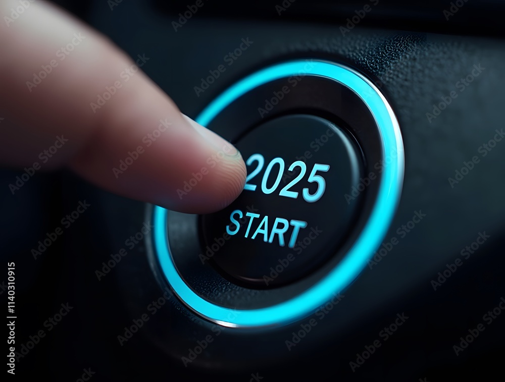 Finger pressing a car's start button, illuminated with '2025 ...
