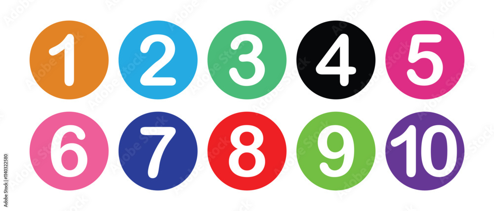 Number digit icon set. Typography set of round 1-10 numbers. Colourful ...
