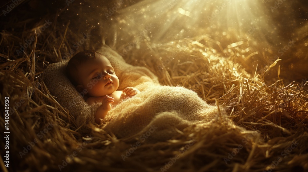 Baby Jesus glowing softly in a cradle under a magical, radiant light ...